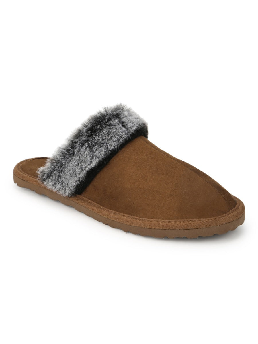 Tan Micro Fuzzy Slippers With Faux Fur – Truffle Collection